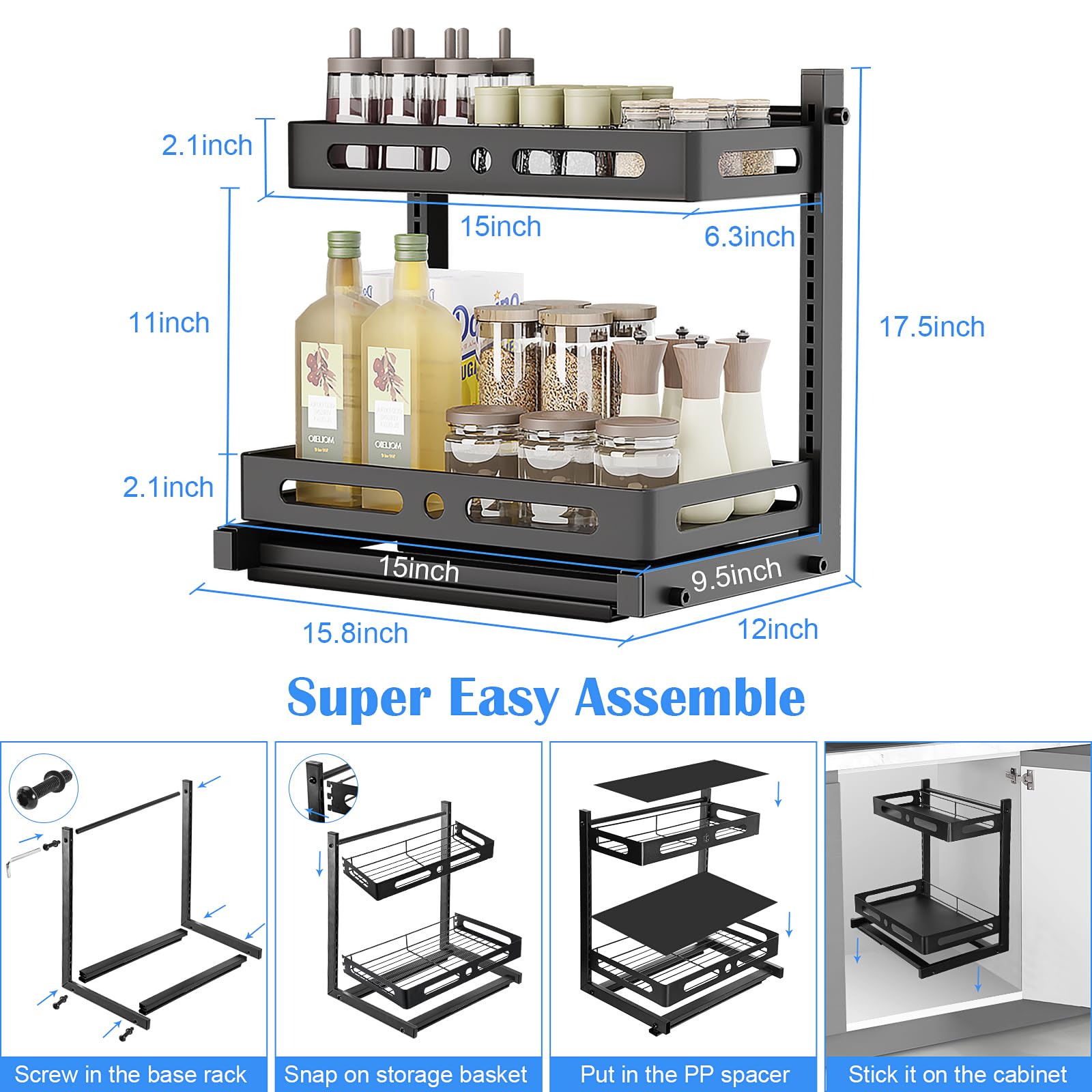 LINGSFIRE Pull Out Cabinet Organizer 2-Tier Under Sink Organizers & Storage Slide Out Pantry Shelves Carbon Steel Under Cabinet Storage Multi Purpose Pull-Out Home Organizers Kitchen Bathroom, Black