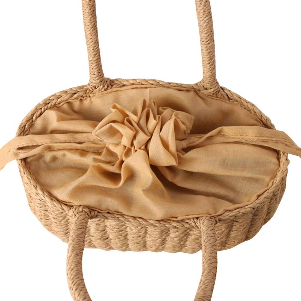 Natural Straw Bag for Women,Hand-woven Straw Hobo Bag Round Handle Retro Summer Beach Bag (Beige)