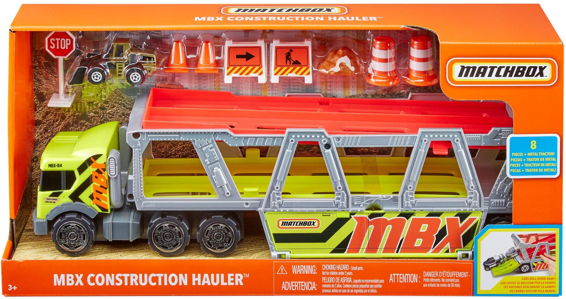 Matchbox Construction Hauler Detachable Cab Holds 16 Vehicles Plus Metal die-cast Tractor and Parts for Realistic Story Play Great Gift Ages 3 and Older