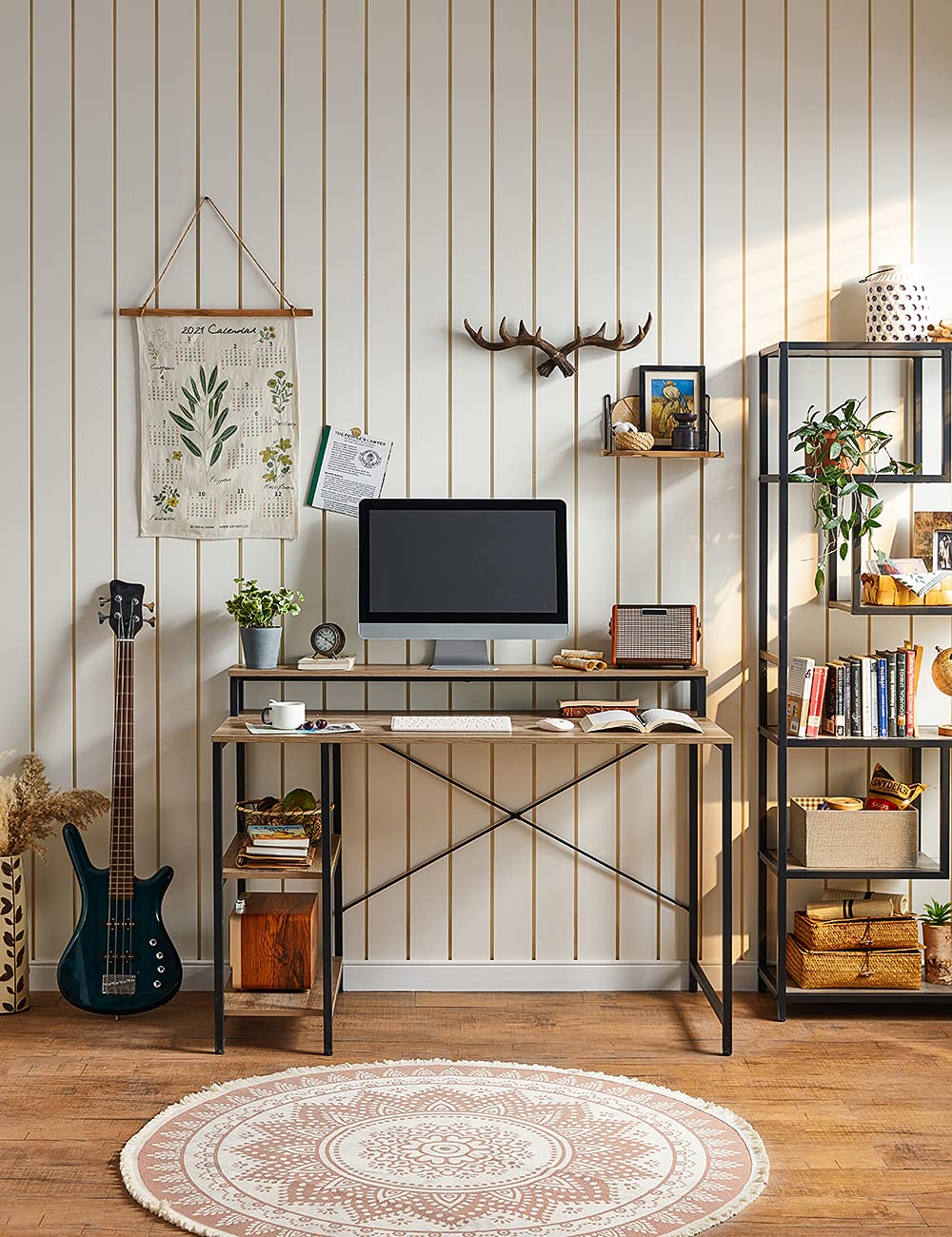 LINSY HOME 47 Inch Computer Desk, Writing Laptop Table for Work Study Gaming with Storage Shelf, LS209V1&2 (Wood, with Monitor Stand)