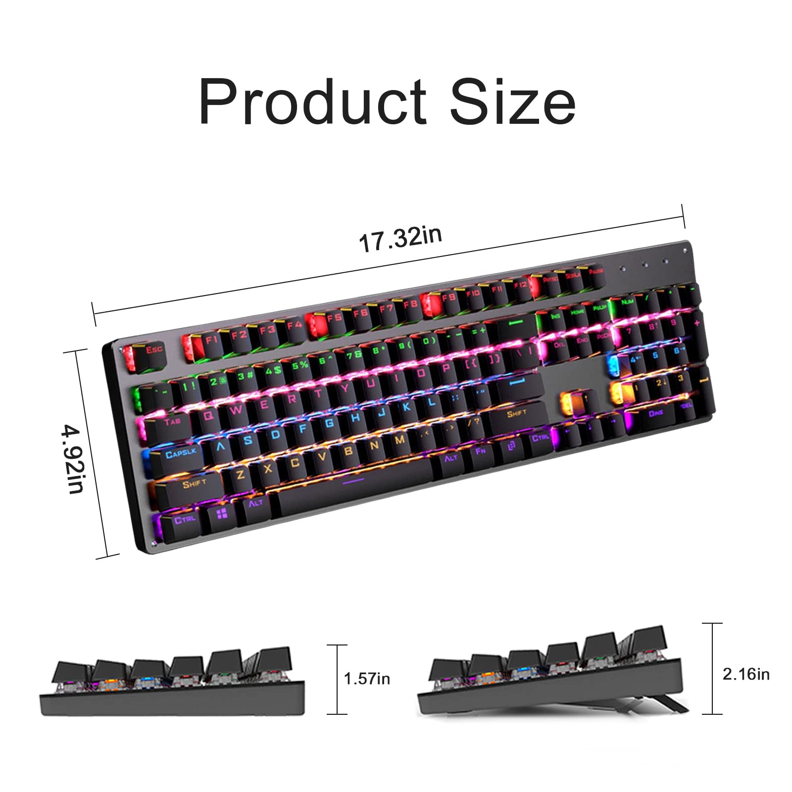 MiliPow Mechanical Gaming Keyboard, RGB104 Keys Rainbow LED Backlit Keyboard with Black Switches, Adjustable Tilt Legs/Durable Keycaps/Anti-Ghosting USB Wired Mechanical Keyboard for PC Mac Xbox Gamer