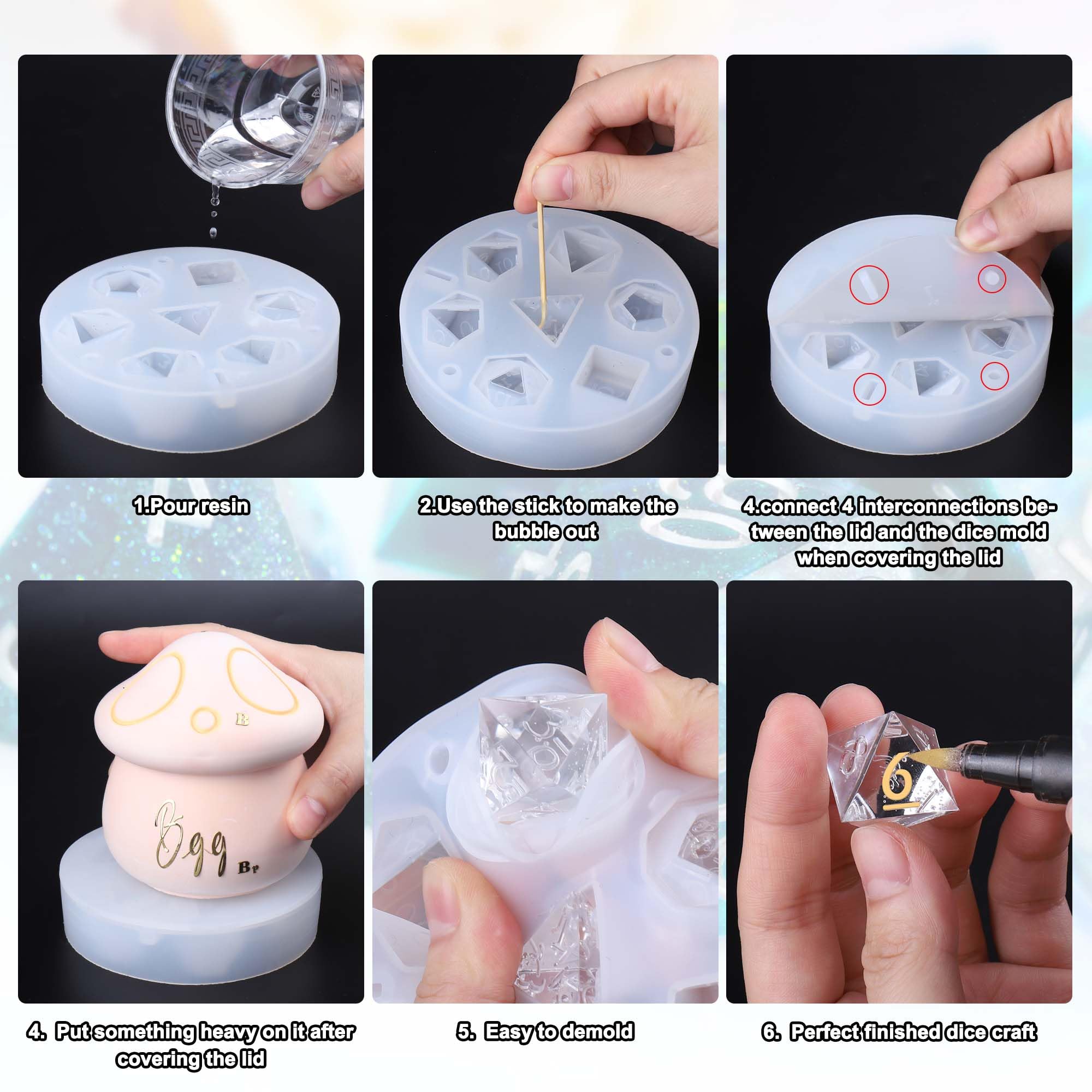 Juome Dice Resin Molds Silicone, DND Dice Silicone Molds for Epoxy Resin Casting with 7 Standard Stereoscopic Dice Cavities, Resin Mold for DIY Dices Making, Table Board Game Dice Lovers Gift