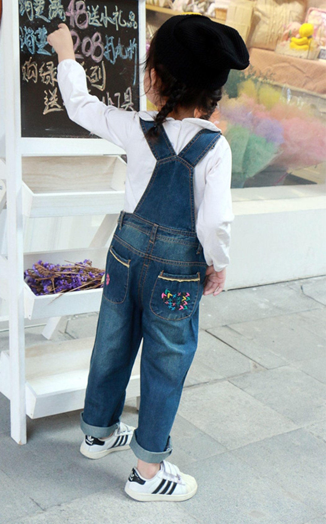 KIDSCOOL SPACE Baby & Little Girls Denim Overalls,Jean Workwear,Deep Blue,3-4 Years