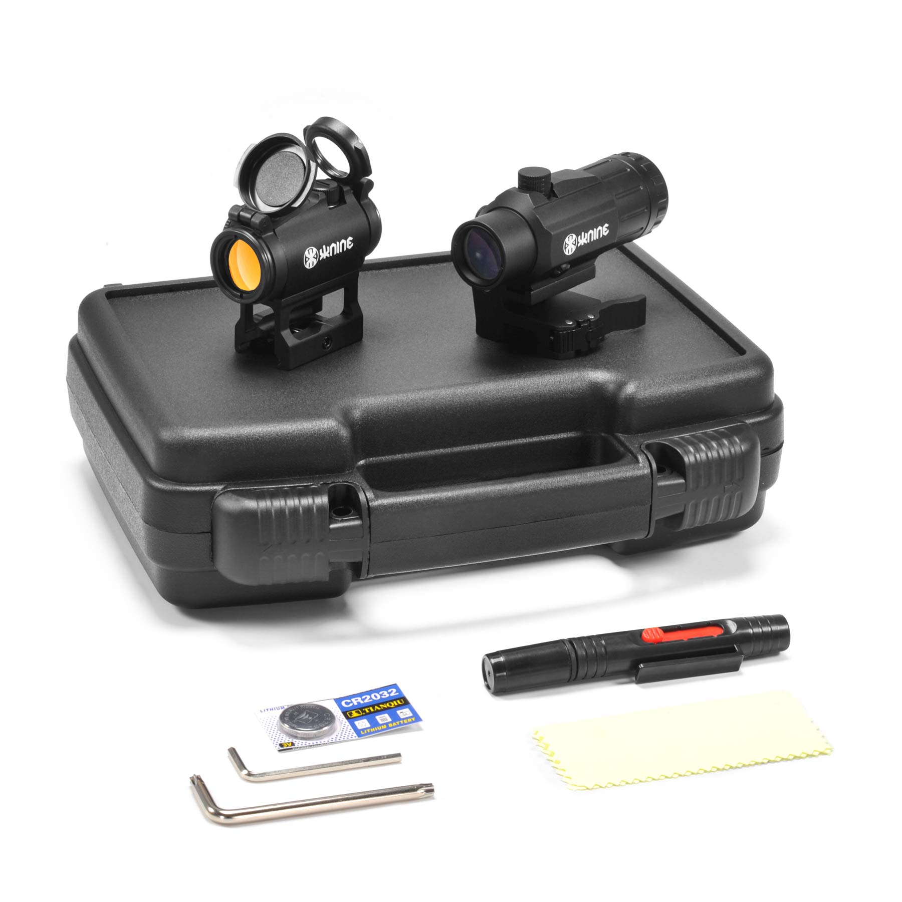 KNINE OUTDOORS 2 MOA 20mm Lens Tactical Red Dot Sight Scope 3X Magnifier Combo with 1 Inch Riser Mount,Black and Khaki (Black)