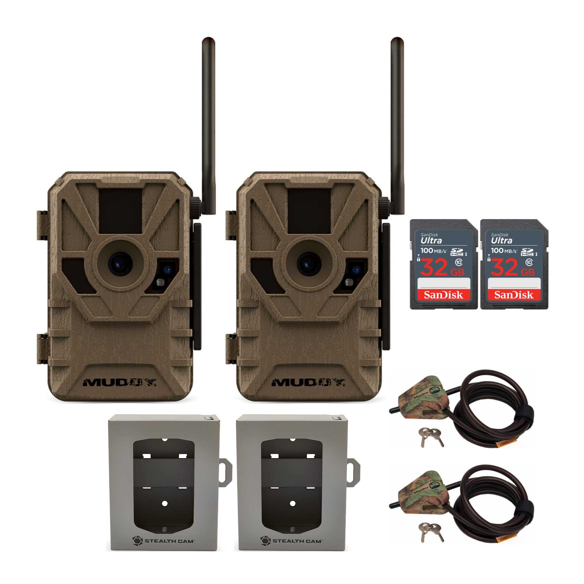 Muddy Manifest Cellular Camera (AT&T, 2-Pack) Bundle with Bear Security Box (Small, 2-Pack), Adjustable Locking Cable (2-Pack), and 32GB Ultra SDHC UHS-I Memory Card (7 Items)