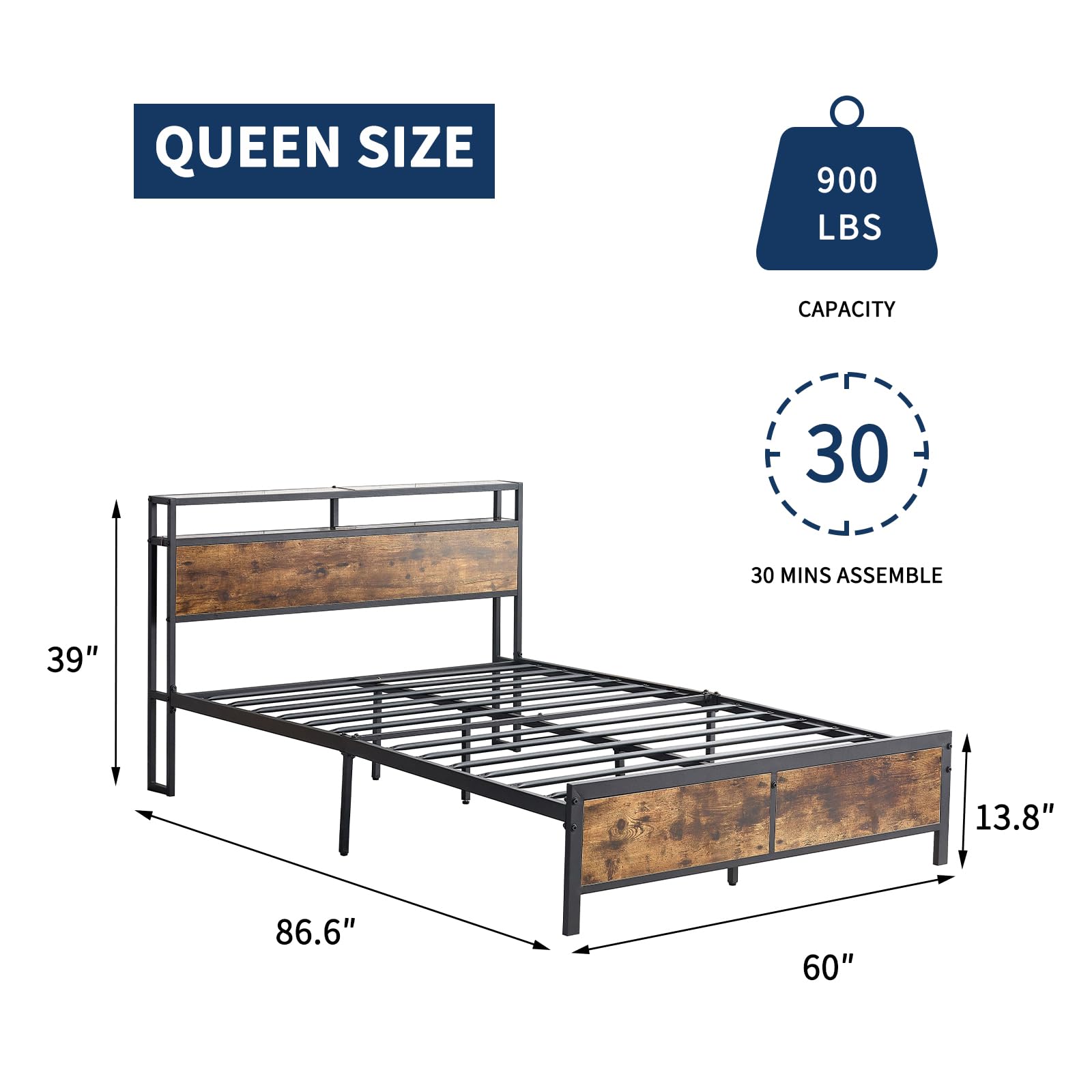 Modern Industrial Bed Frame with LED Lights,2-Tier Storage Headboard with Charging Station,Industrial Metal Platform LED Bed Frame with Outlets and USB Ports,Noise Free,No Box Spring Needed