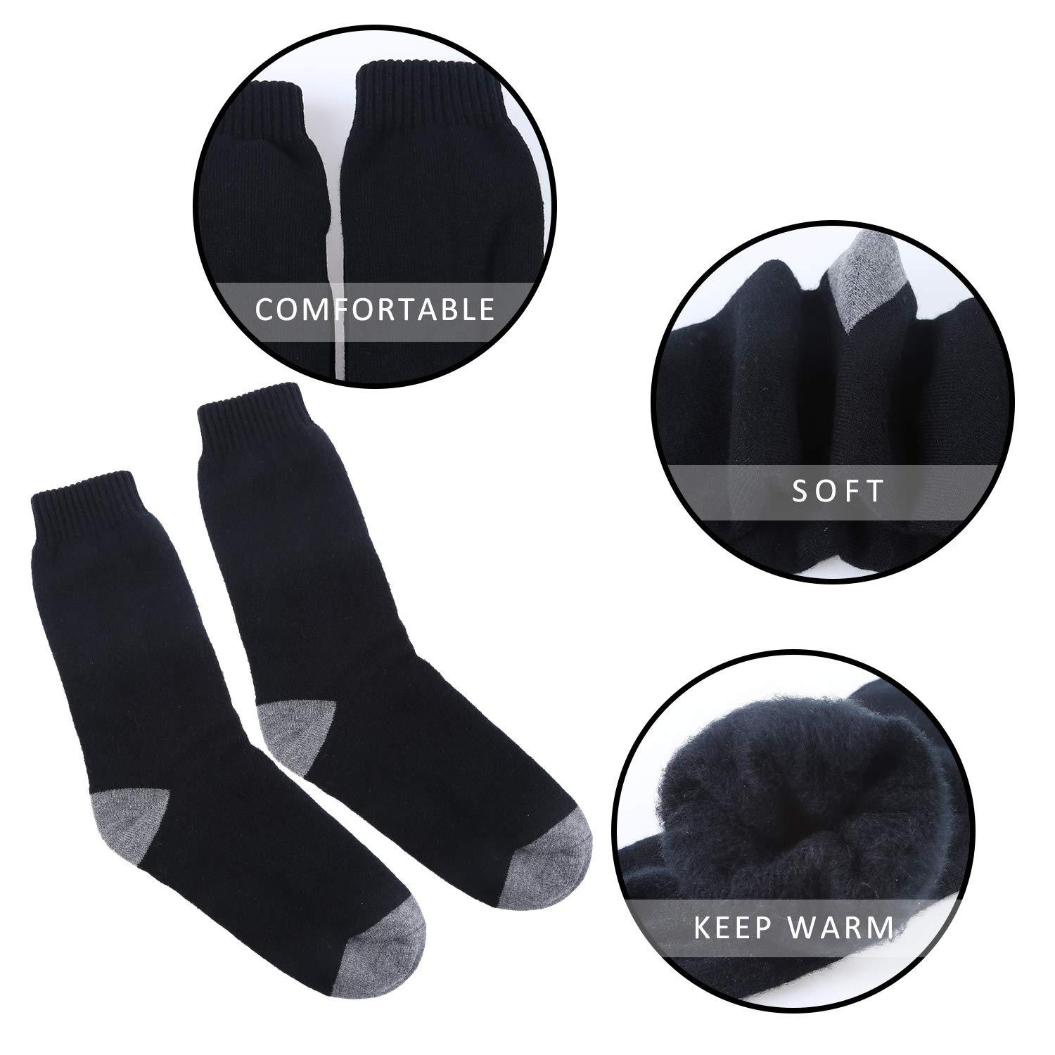Loritta 6 Pack Thermal Socks, Mens Cold Weather Crew Sock,Black+gray