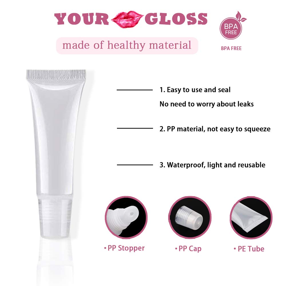 lip gloss tubes 50PCS 10ml Clear Empty Lip Balm Containers refillable soft cosmetic tubes for DIY lip gloss/travel toiletries with 2 20ml syringes