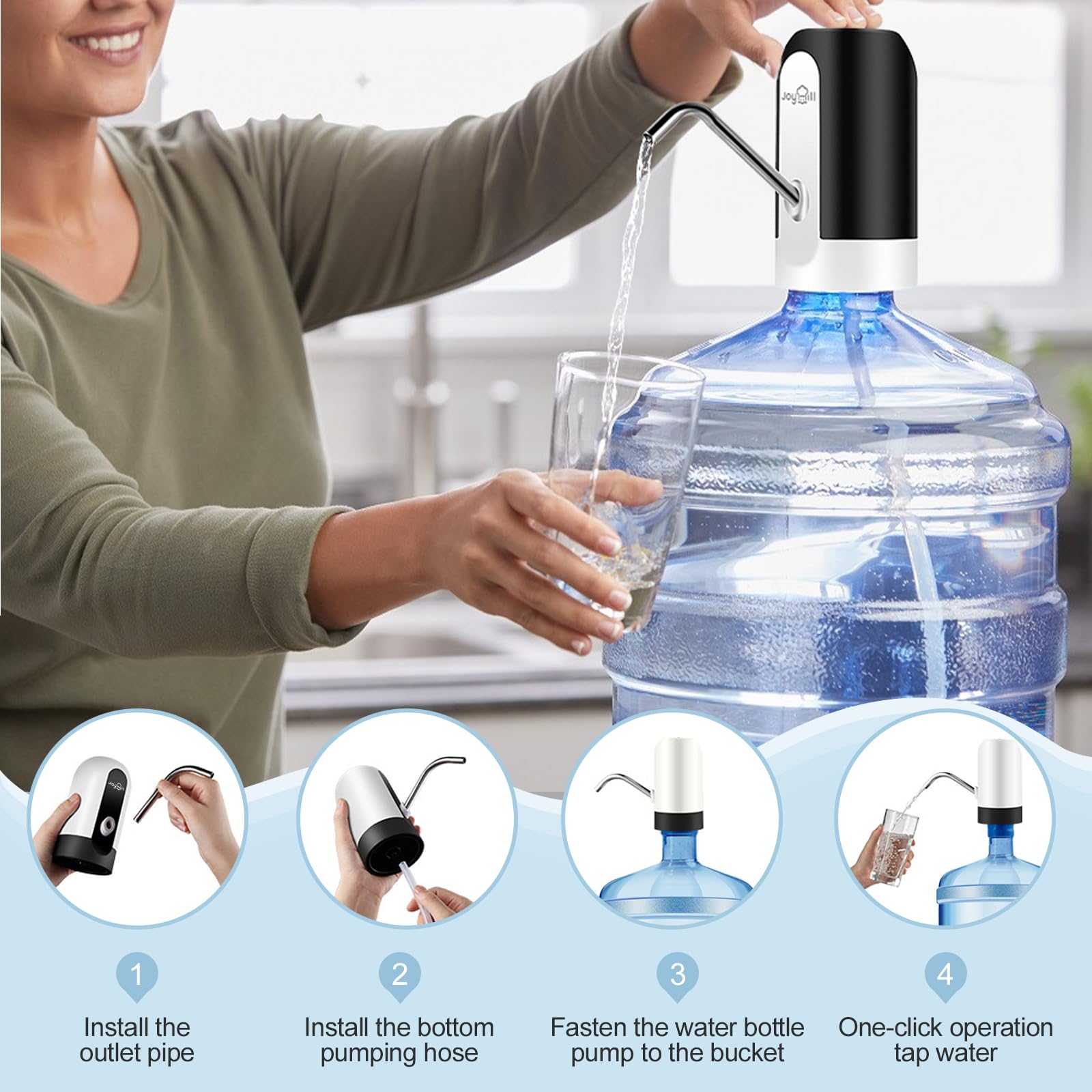 JOYHILL 5 Gallon Water Bottle Dispenser, USB Charging Water Bottle Pump, Portable Water Dispenser Pump for Camping(Avocado Green)