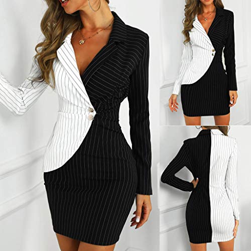 Pinkpaopao Color Blocking Striped Wrap Dress for Women Lapel Collar Button Ruched Mini Dress V Neck Slim Work Dress