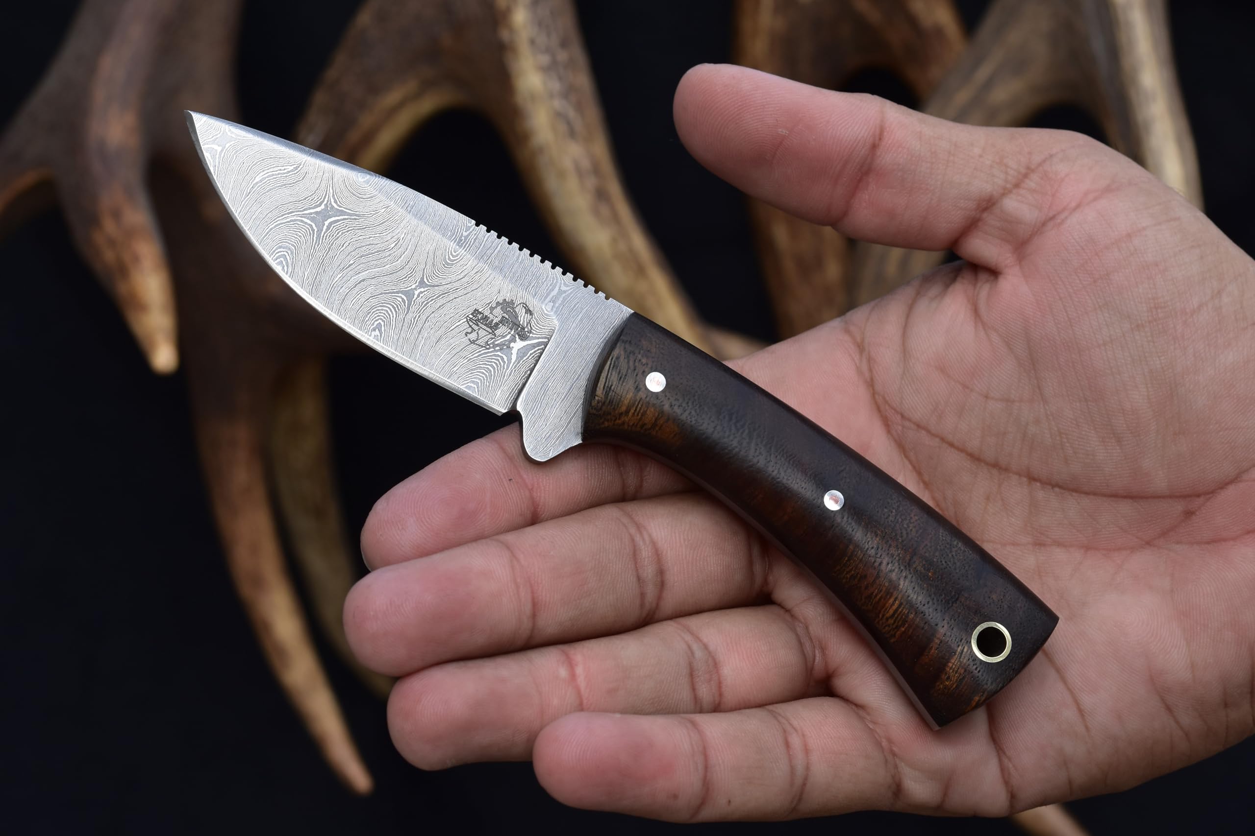 Knives Ranch Fixed Blade EDC Knife with Horizontal Carry Sheath β Small Hunting Knife β Damascus Skinning Knife β Cowboy Knife with Leather Sheath Stabilized Rosewood Handle (4402-IRW)