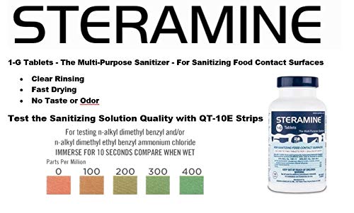 Steramine Quat Test Strips for Food Service, 30 x QT-10, Test Strips to Measure 0-400 ppm, for Testing Sanitizing Solutions Made with Steramine Quaternary Tablets, Hydrion QT-10E, 2 x Envelopes