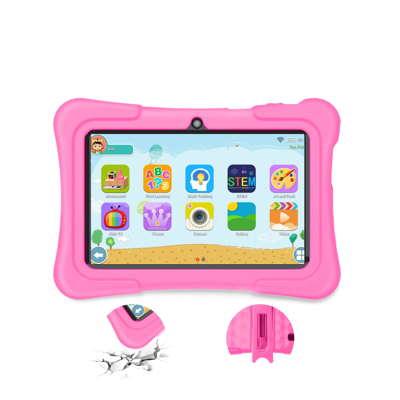Kids Tablet, 7 inch Android Tablet for Kids, 6GB RAM 32GB ROM Toddler Tablets with Case, Bluetooth, WiFi, Parental Control, 2MP+2MP Dual Camera, FM, Educational, Games (Pink)