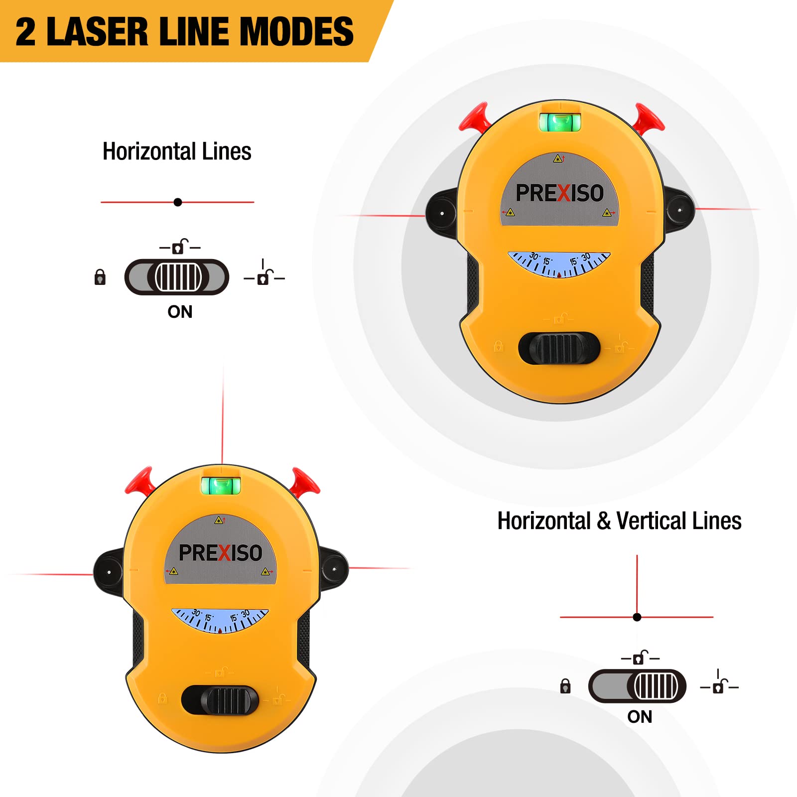 PREXISO Multi Surface Laser Level LED Light Vial, 30Ft Horizontal & Vertical Line Laser with Wall Mount Base, 2 Pins, 10 Sticker, 2 AA Batteries for Hanging Frames & Picture, Construction Wall Writing