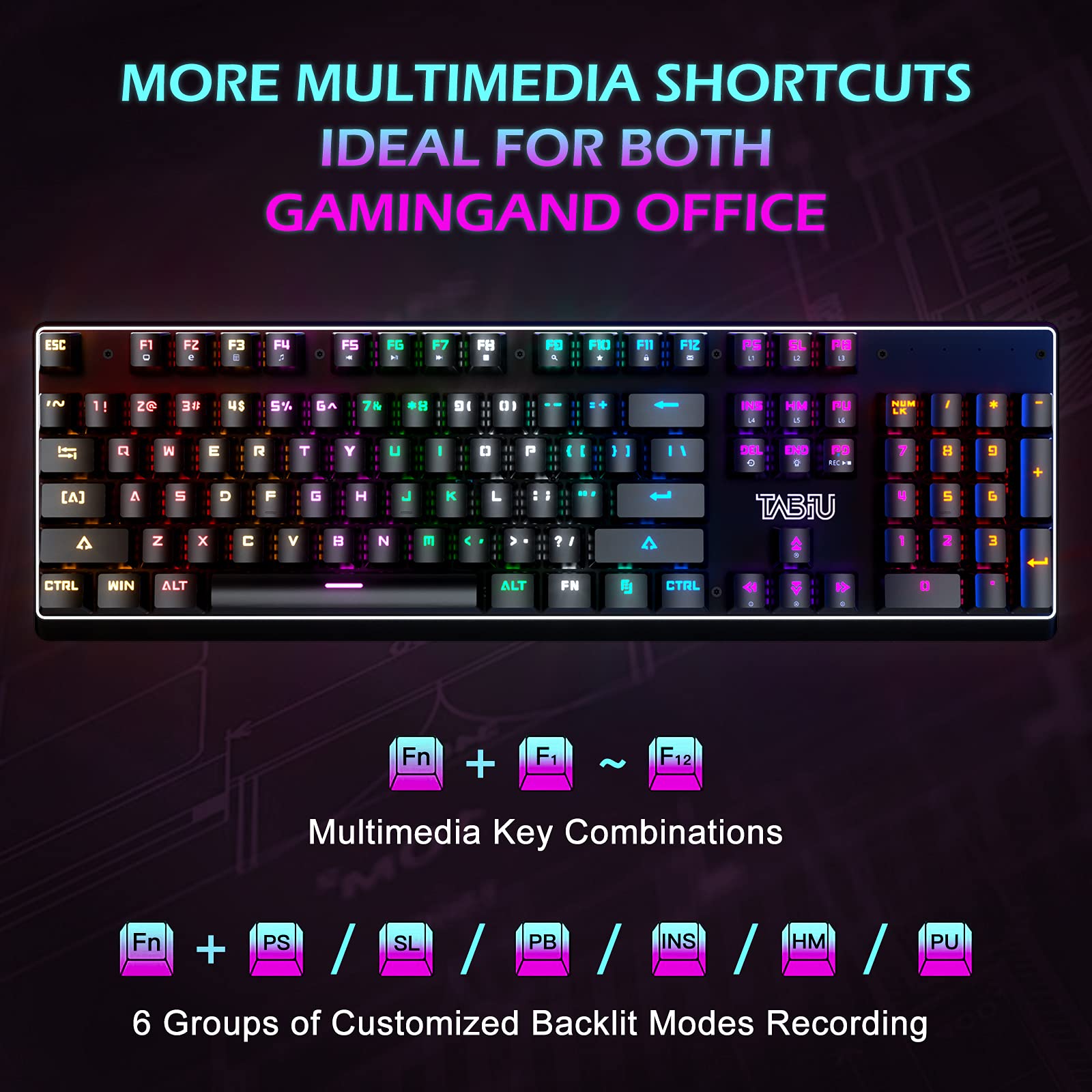 TNBIU Gaming Keyboard - RGB LED Keyboard with 104 Key Computer PC Gaming Keyboard, RGB Backlit Gaming Keyboard with Multimedia Keys Wrist Rest for PC Gamers(Black)