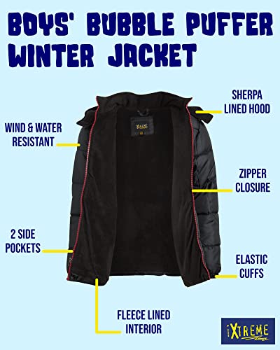 iXtreme Boys' Winter Jacket - Polar Fleece Lined Bubble Puffer Water Repellent Ski Jacket, Size 10-12, Black