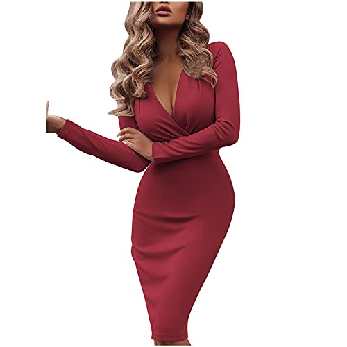Pinkpaopao Elegant Empire Waisted Slim Dress for Women Ruched Deep V Neck Wrap Dress Solid Color Back Split Midi Dress