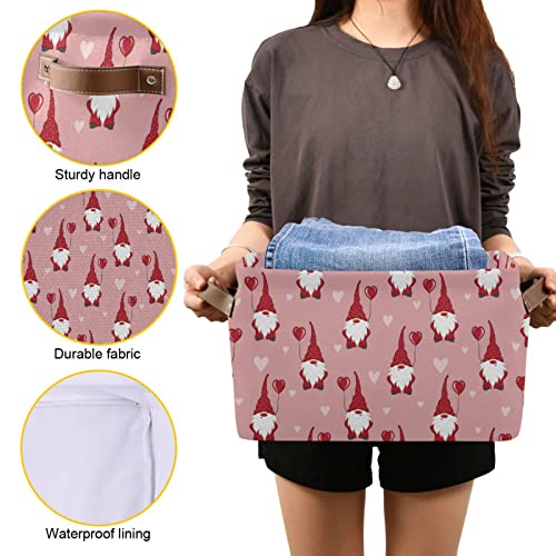 Wusikd Valentines Day Storage Basket Set of 1 Large Fabric Cute Gnomes Hearts Storage Basket Bins Box Cube with Handles Collapsible Closet Shelf Clothes Organizer Basket for Nursery Bedroom