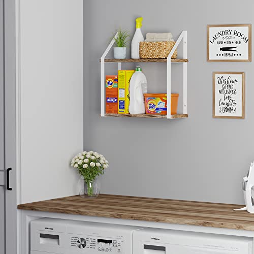 Wallniture Modena 2-Tier Bathroom Organizer, Wall Shelves for Kitchen Organization, Laundry Decor Wall Bookshelves Living Room Burnt Finish, White Bracket