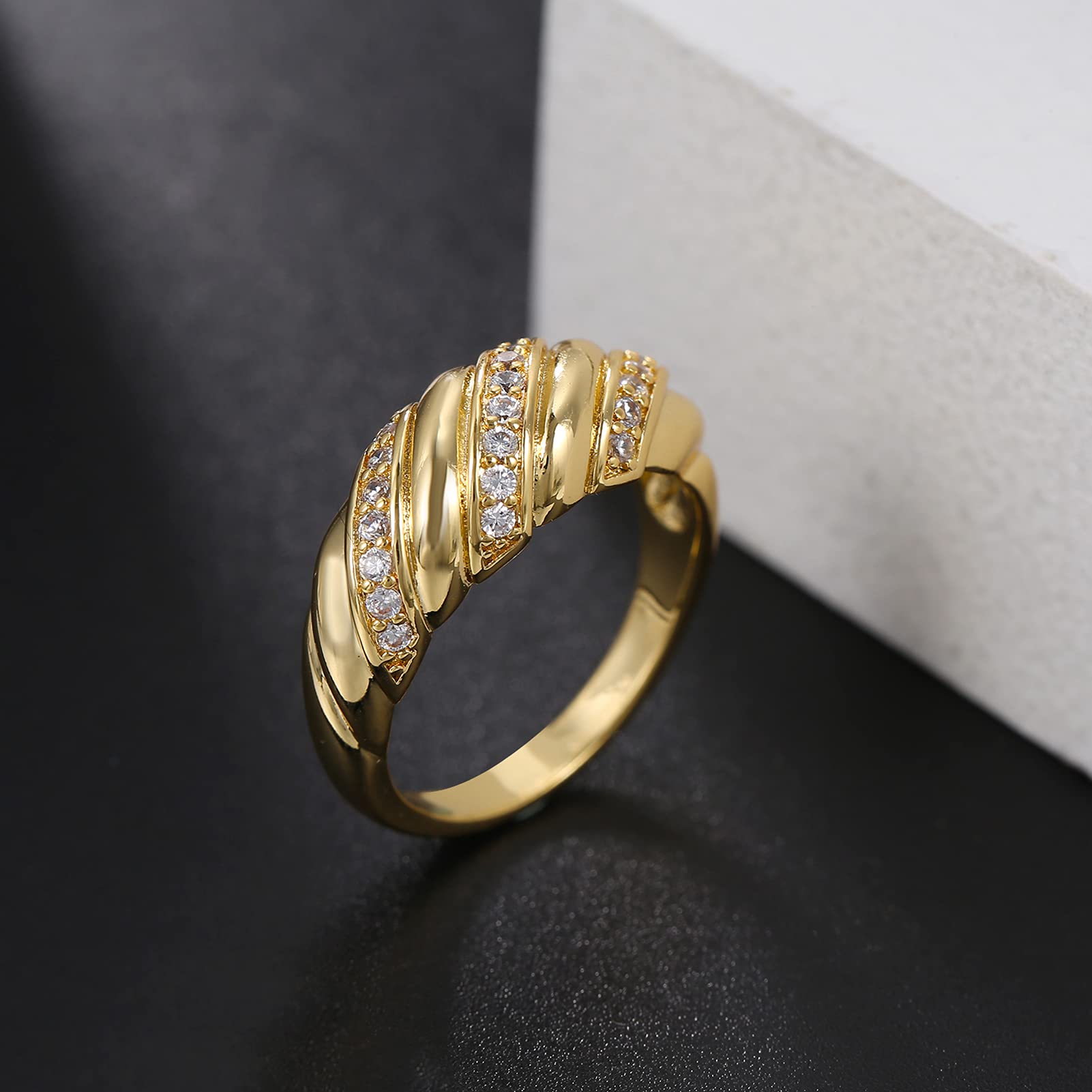 NC 18k Gold Plated Croissant Braided Twisted Signet Chunky Dome Ring Stacking Band for Women Jewelry Minimalist Statement Ring Size 6 to 9 (9)