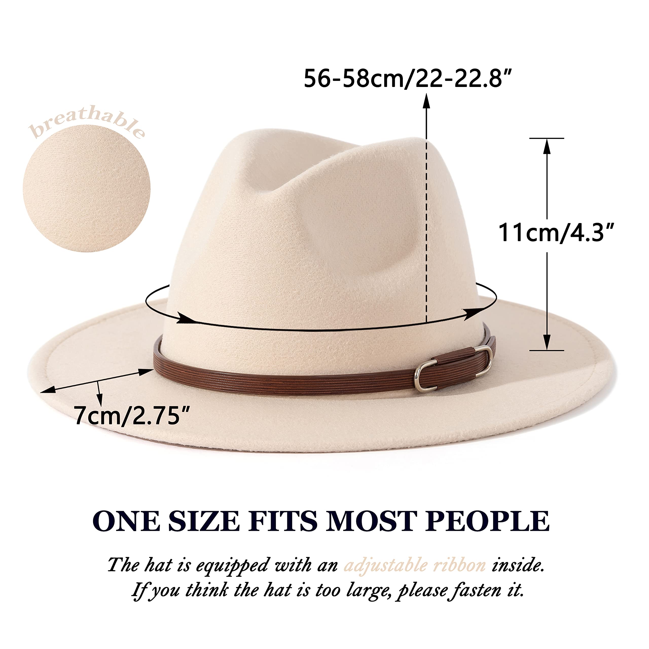 Lisianthus Women's Wide Brim Felt Fedora Retro Panama Hat with Belt Buckle (U-Shaped Buckle Creamy, M)