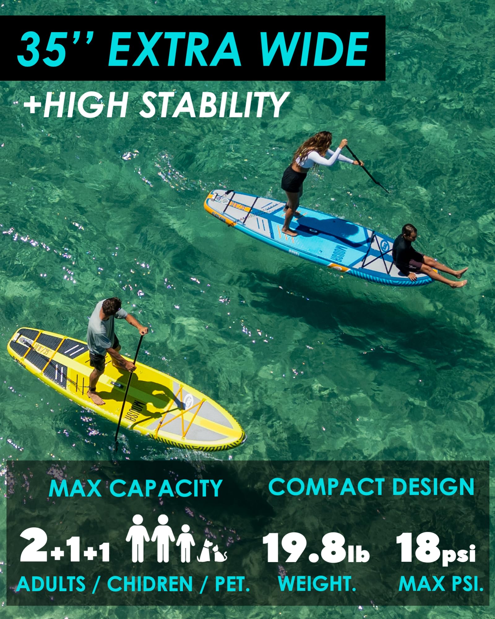 MOUSA 11'×34" Extra Wide Inflatable Stand Up Paddle Board, Stable Ultra Wide SUP for 2 People/Family w/Shoulder Strap, 1600D Backpack, All-Round Sup Board w/Floatable Paddle, US Central Fin
