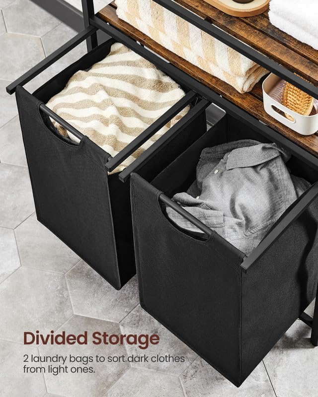 VASAGLE Laundry Hamper, Laundry Basket, Laundry Sorter with 2 Pull-Out and Removable Bags, 2 Shelves, 12.1 Gal (46L) Capacity per Bag, for Laundry Room, Rustic Brown and Black UBLH211B01