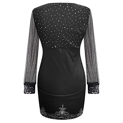 Pinkpaopao Sequins Ruched Long Sleeve Dress for Womnen Mesh Long Sleeve High Waisted Wrap Dess Patterned Mini Dress