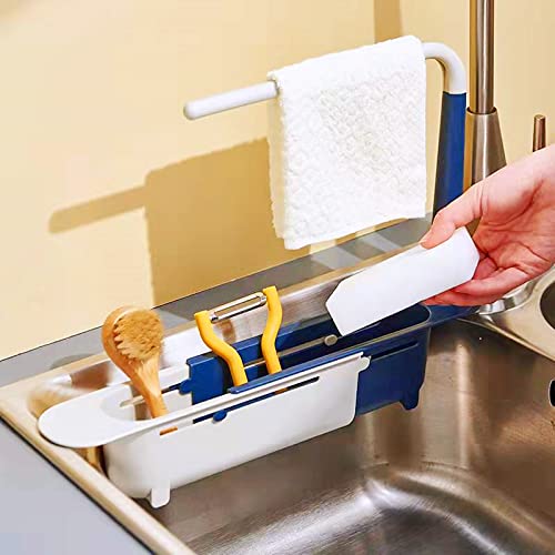 Upgraded Telescopic Sink Storage Rack, Adjustable Length 2-in-1 Sink Organizer Tray Sponge Soap Holder with Dishcloth Hanger, Expandable Storage Drain Basket for Home Kitchen (Blue)