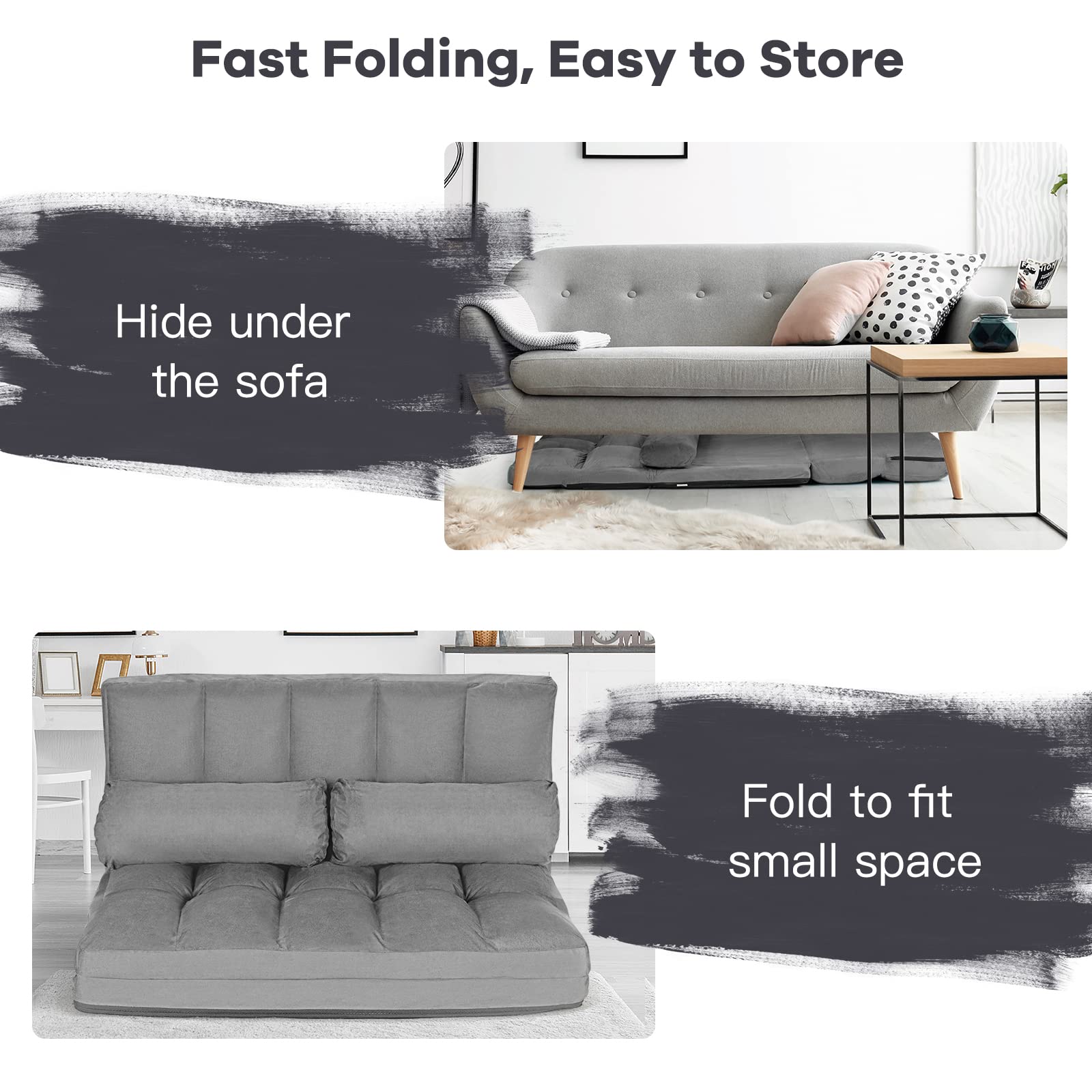 KOMFOTT Adjustable Floor Sofa Bed, Foldable Lazy Sofa Sleeper Bed with 6 Position Backrest & 2 Pillows, Convertible Futon Couch Bed with Suede Cloth Cover, Lounge Recliner for Living Room