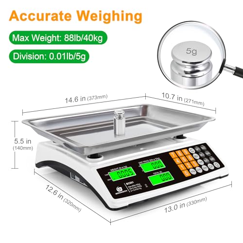Price Computing Scale 88lb/40kg Commercial Food Scale for Produce Meat with Stainless Steel Large Platform, LCD Display, and Green Bright Backlight for Farmers Markets, Deli, (Not for Trade)
