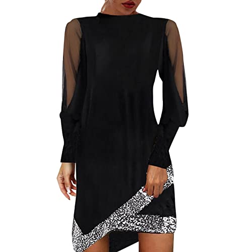 Pinkpaopao Solid Color Cross Asymmetrical Dress Women's Black Crewneck Splicing Mesh Balloon Sleeve Party Dress