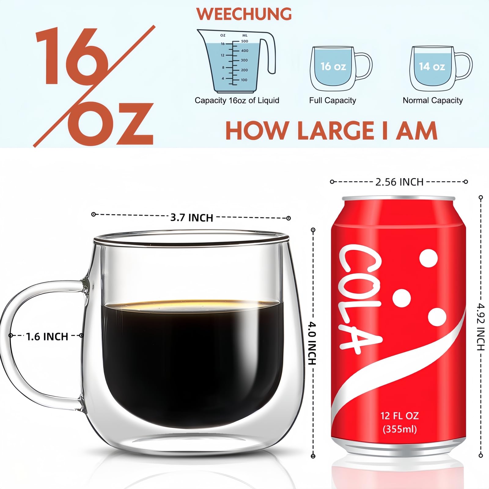 WEECHUNG 16oz Double Wall Glass Coffee Mugs Set of 2, Clear Coffee Mug, Insulated Glass Coffee Cups, Glass Mugs with Handles, Large Coffee Mug for Cappuccino, Americano, Tea