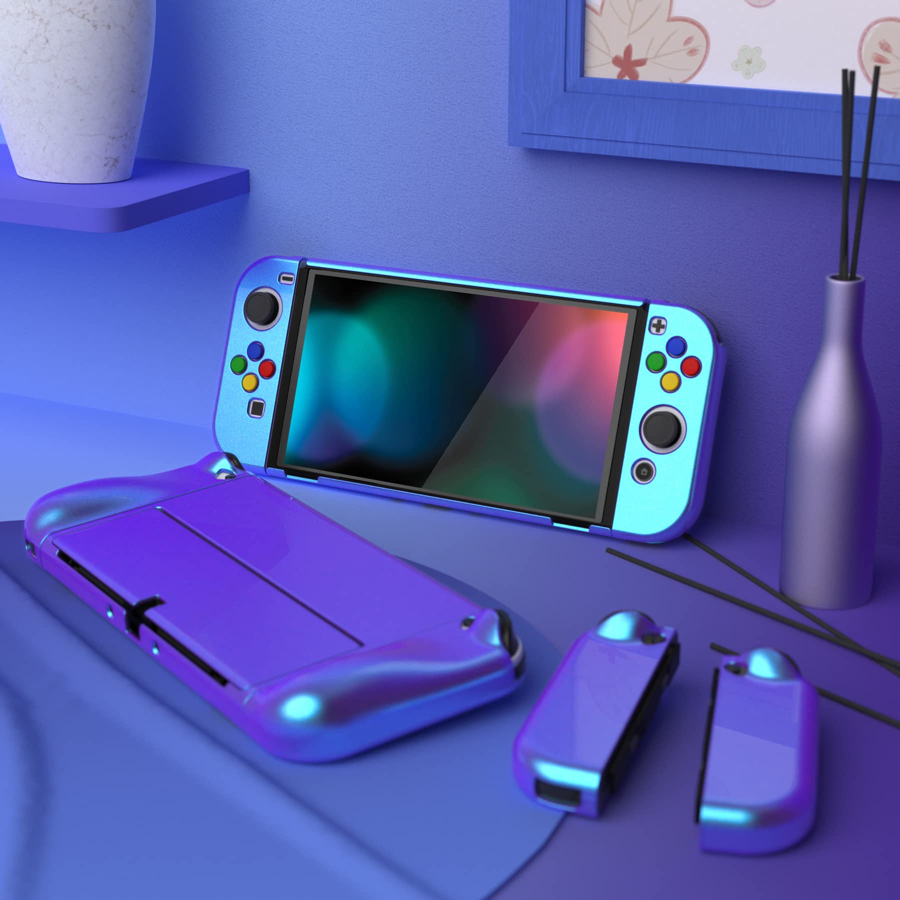 PlayVital AlterGrips Glossy Protective Slim Case for Nintendo Switch OLED, Ergonomic Grip Cover for Joycon, Dockable Hard Shell for Switch OLED w/Thumb Grip Caps & Button Caps - Chameleon Purple Blue