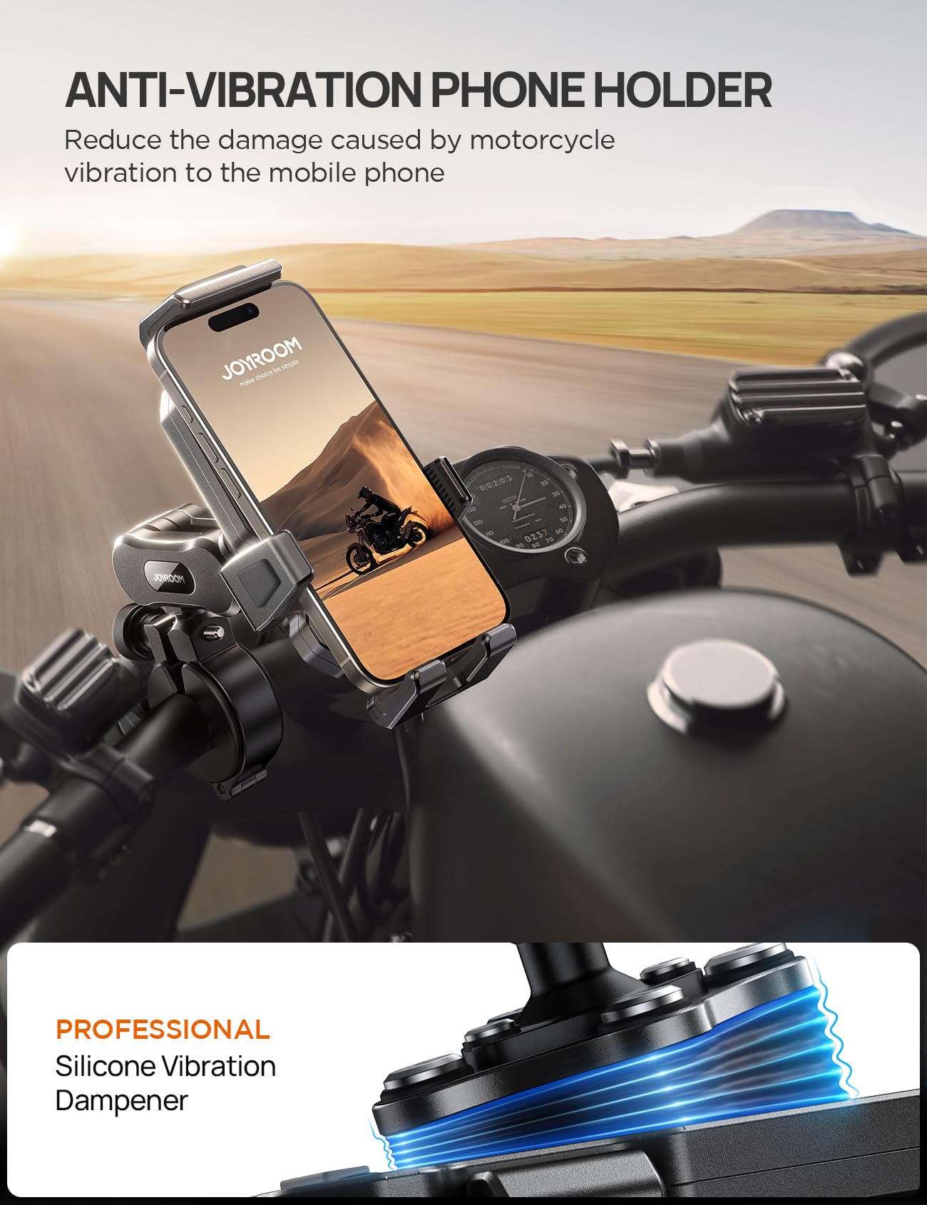 JOYROOM Aluminum Alloy Motorcycle Phone Mount with Vibration Dampener, Motorcycle Phone Holder for Motorcycle Harley Bike Bicycle Scooter ATV/UTV, Compatible with iPhone, Samsung, All Cell Phones
