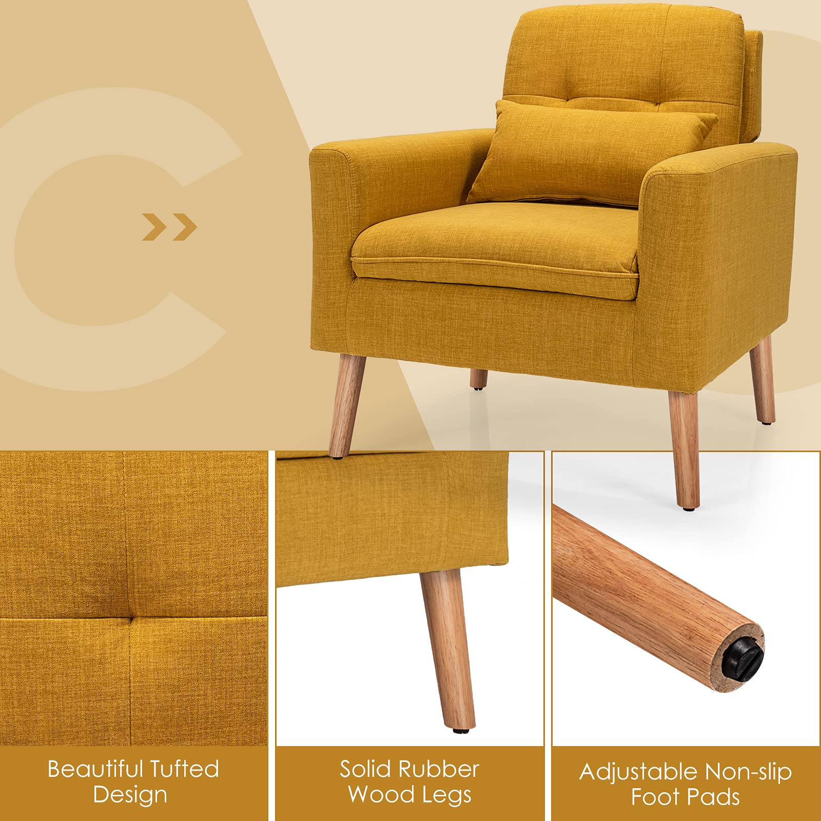 KOMFOTT Tufted Accent Armchair Set of 2, Modern Leisure Chair with Waist Pillow, Comfortable Backrest & Ergonomic Armrest, Breathable Fabric & Soft Sponge, Ideal for Living Room & Office, Yellow