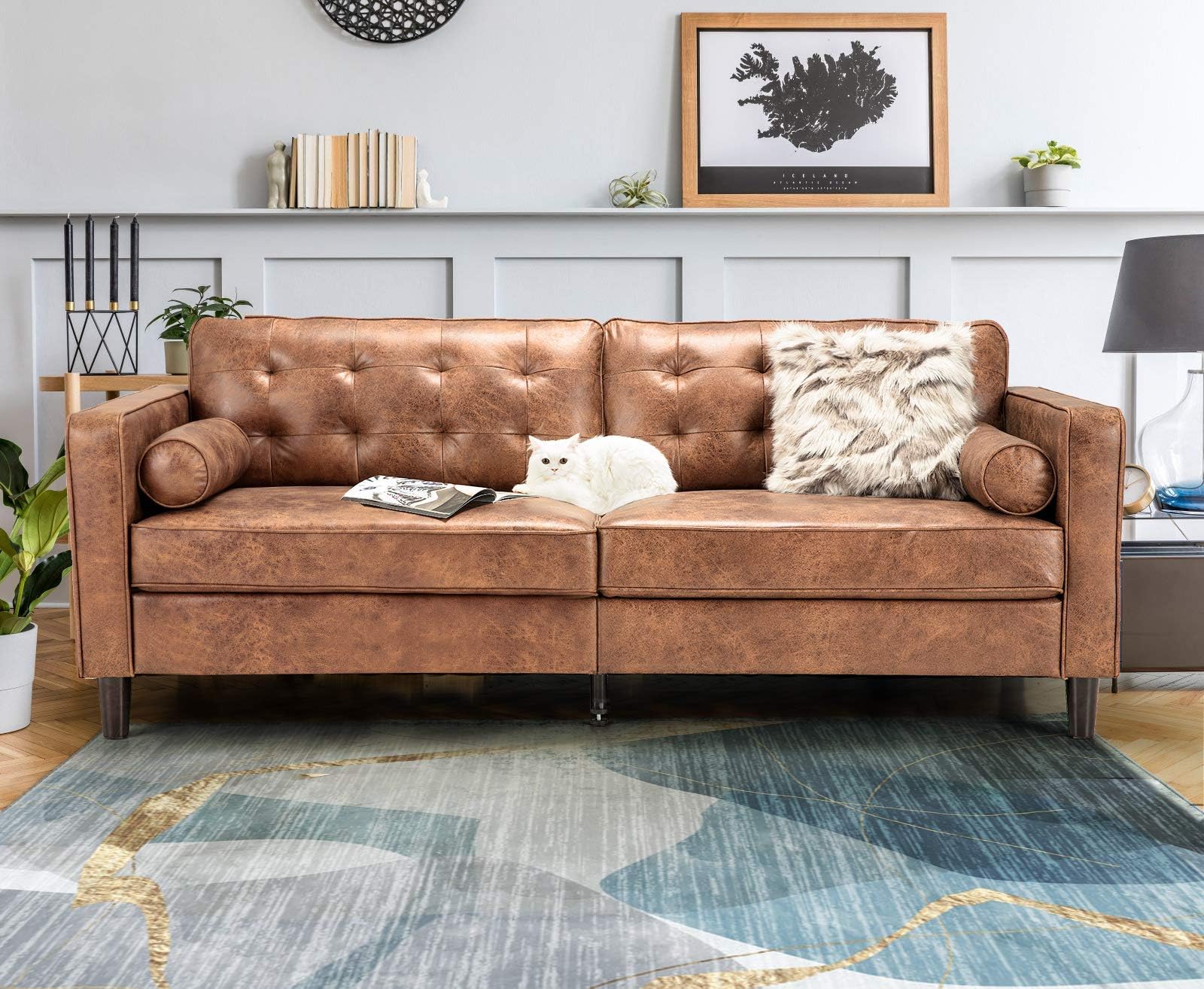 YODOLLA 84.2" Leather Sofa Couch, Mid-Century Modern Sofa with 2 Bolster Pillows, 3 Seats Sofa Vintage Couch for Living Room, Studio and More, Brown