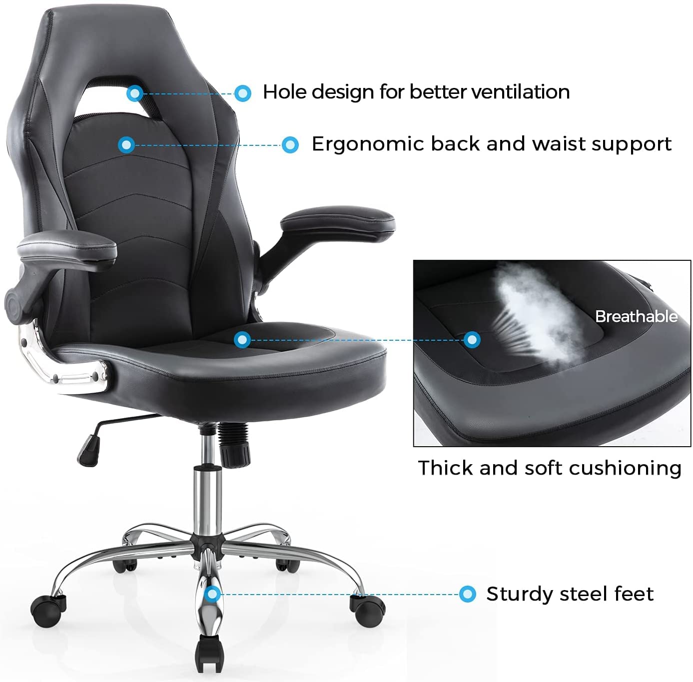 Office Gaming Chair - Ergonomic Computer Desk Chairs with Flip-up Armrest, Executive Swivel Chair, PU Leather, Thick Padding