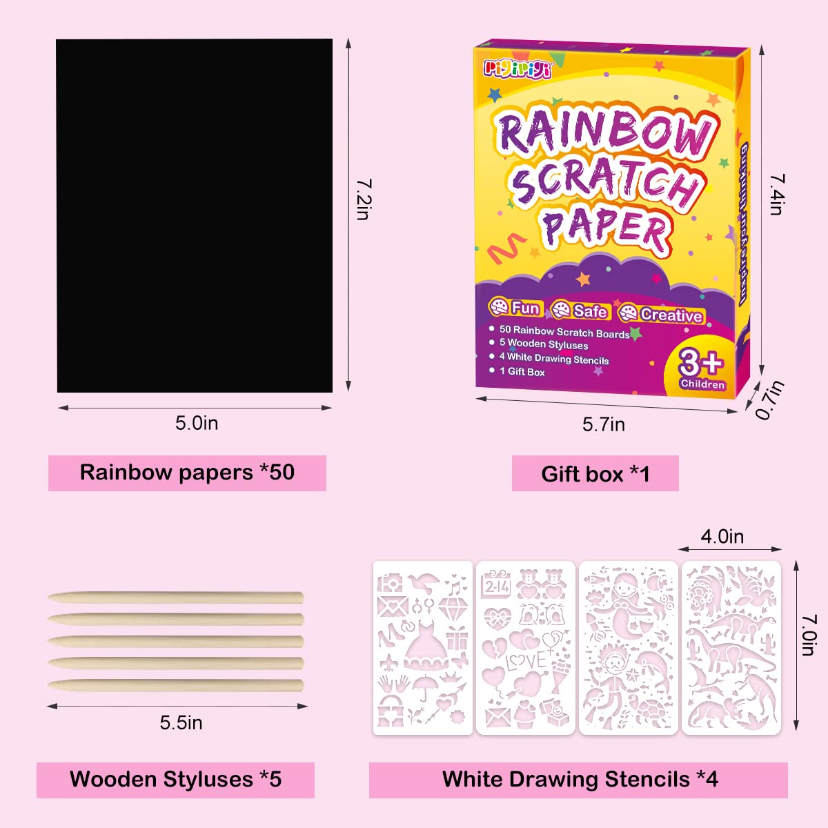 pigipigi 59 Pcs Rainbow Magic Scratch Off Art Crafts & 3 Pack Upgraded Rainbow Scratch Paper Notebook Black Magic Color Drawing Supplies Toy Set for 3-12 Year Old Boys Girls