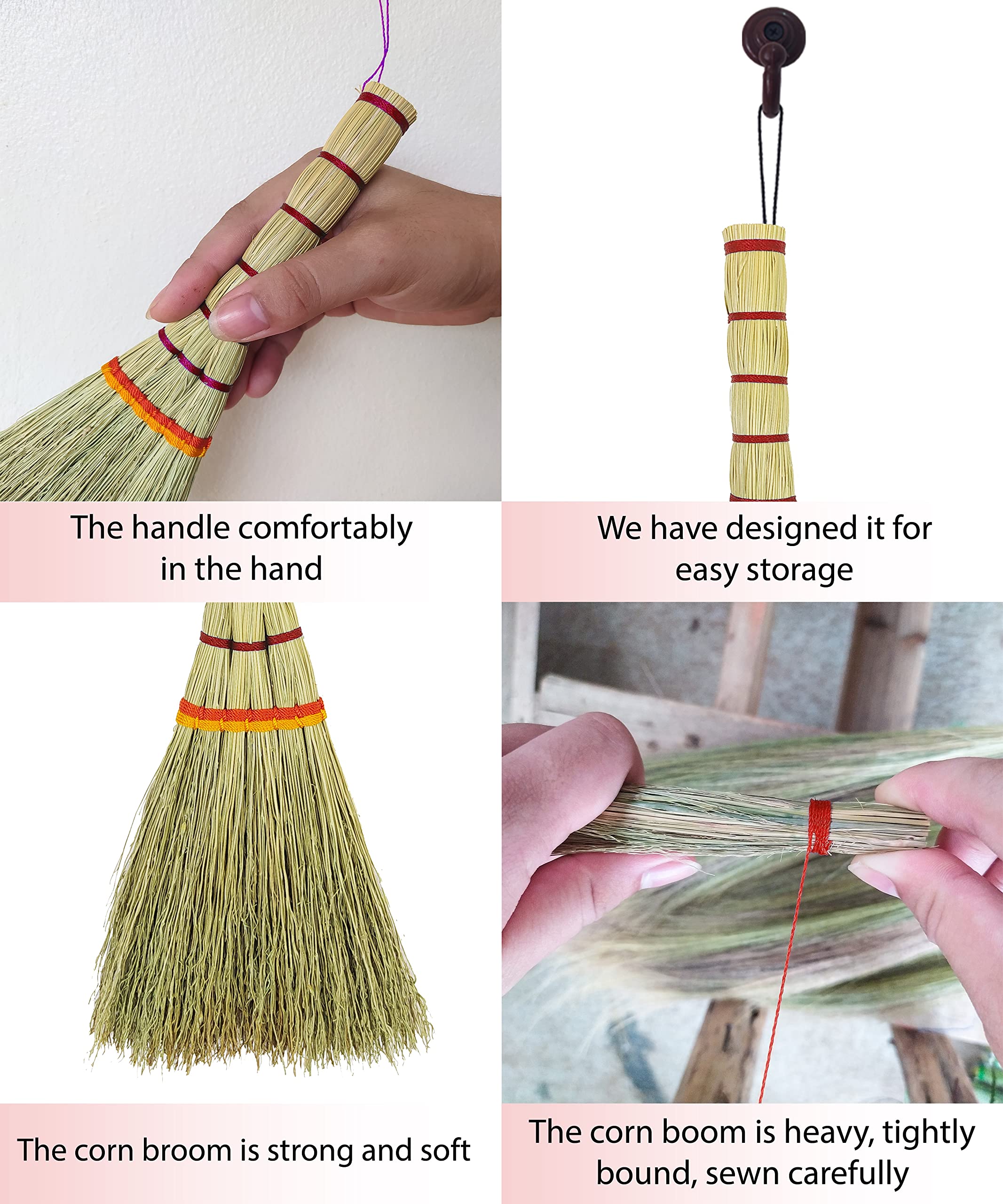 Small Corn Wisk Brush Broom 11 Inch Flagged Indoor Heavy Duty Multi Surface Hard & Soft Floor Home Office Cleaning Tool Supplies 100% Handmade for Household Sweeping Indoor Outdoor (Random 2)