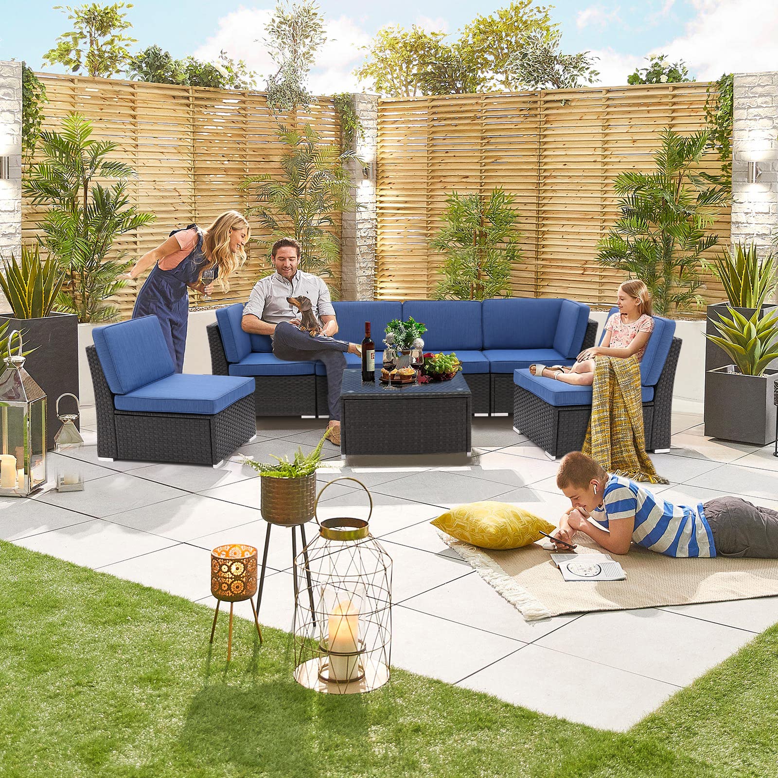 TiuBroe 7 Pieces Patio Furniture Sets, Outdoor PE Rattan Sectional Sofa Conversation Set, All Weather Conversation Set w/6 Seat Cushions and 1 Coffee Table (Dark Blue)
