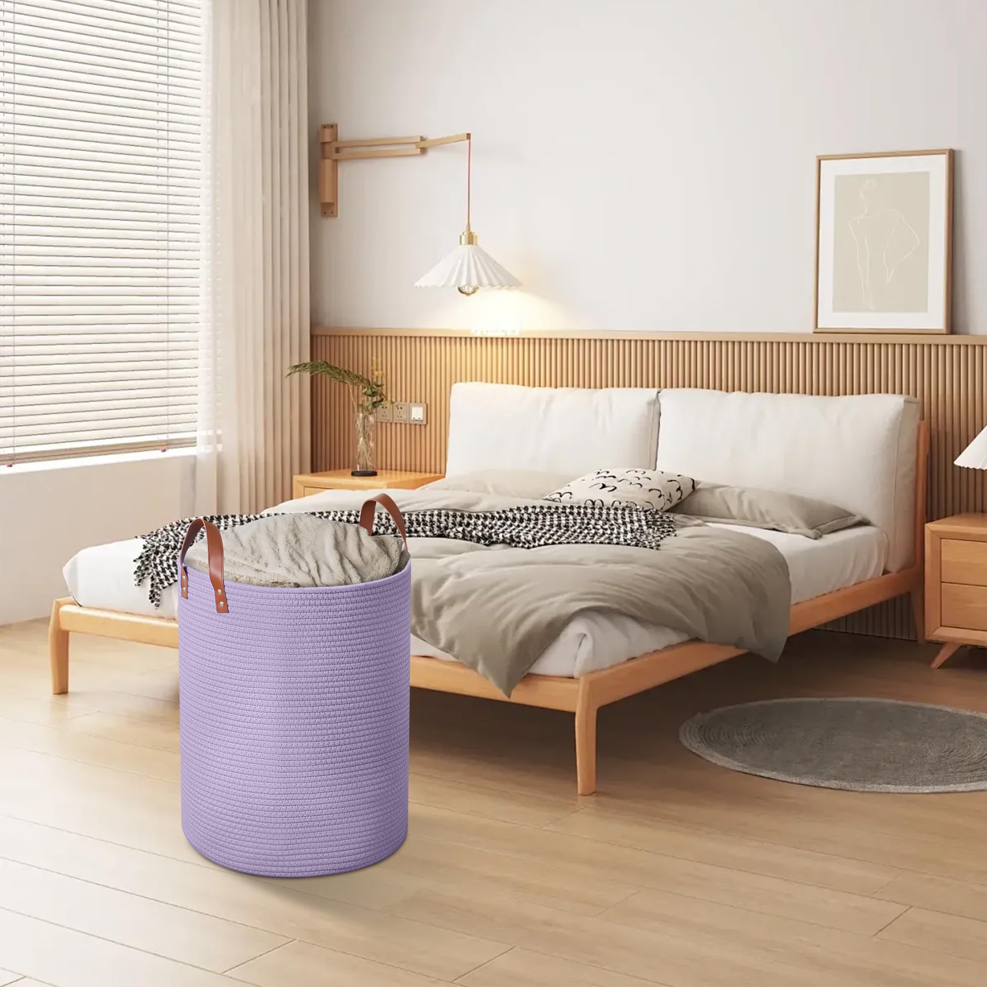 wymulot 80L Large Rope Basket, Woven Rope Storage Basket with Leather Handles, Dog Toy Storage Basket, Bedroom, Nursery Blanket Storage, Bathroom Laundry Basket, 16βx20β Tall Rope Basket (Purple)