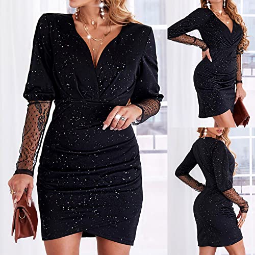 Pinkpaopao Women Ruched Prom Dress Deep V-Neck Half Mesh Splicing Long Sleeve Sequins Mini Dress