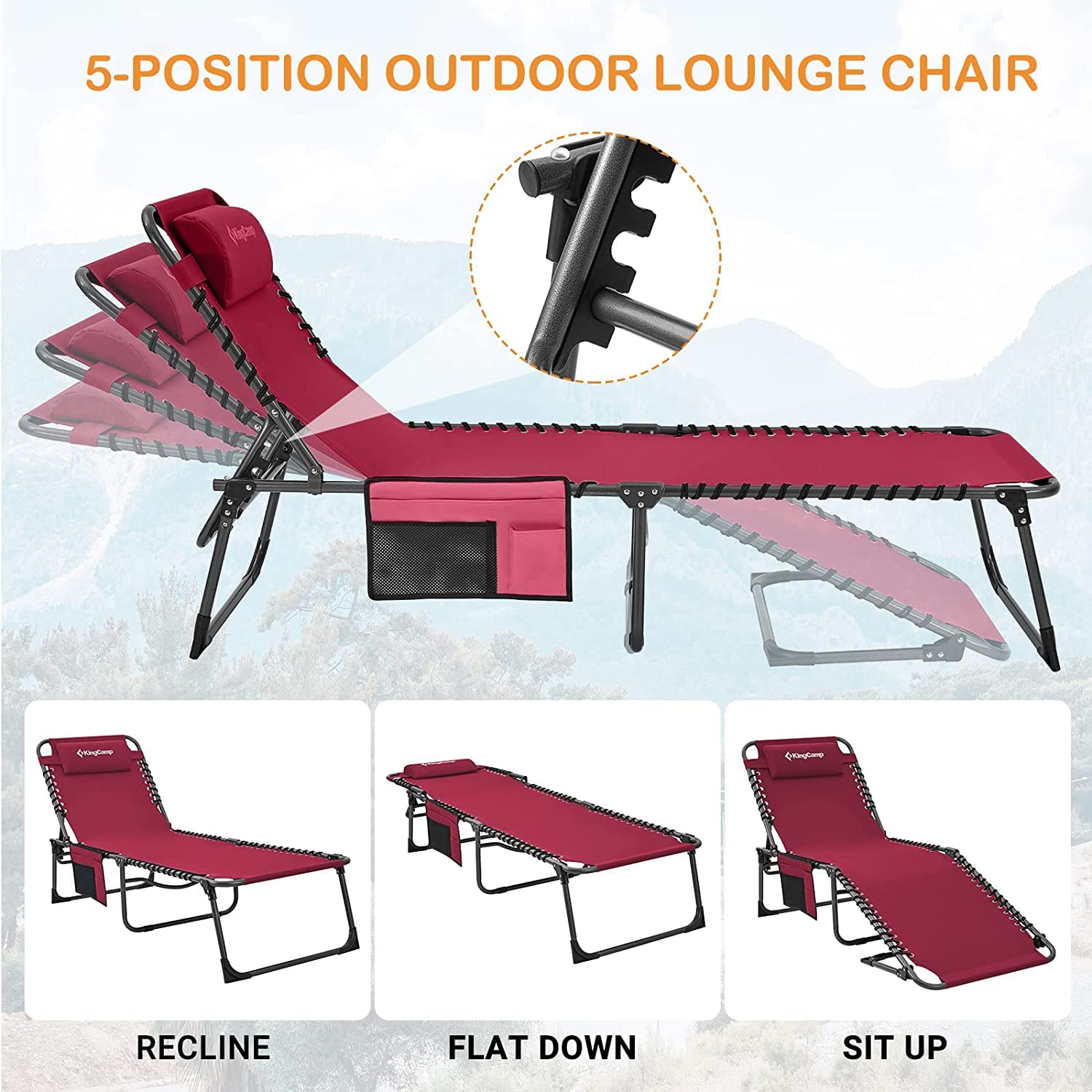 KingCamp Adjustable 5-Position Heavy Duty Folding Chaise Lounge Chair with Pillow Pocket, Portable Great for Outdoor Patio Lawn Beach Pool Sunbathing, Supports 264lbs(2 Pack)