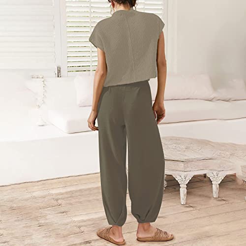 Women 2 Piece Outfits High Neck Knitted Sweater Wide Leg Pant Sweatsuit Lounge Sets cargo pants women 2023 outfits