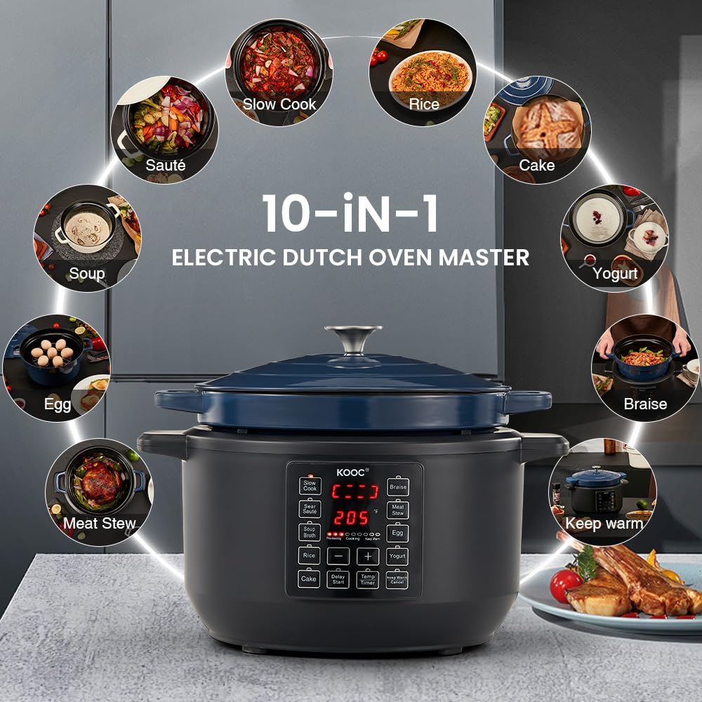 KOOC 10-in-1 Electric Slow Cooker, 6-Quart Blue, Slow Cook, Braise, Meat Stew, Sear/Sauté, Enameled Cast Iron with Self-Basting Lid, 1500W