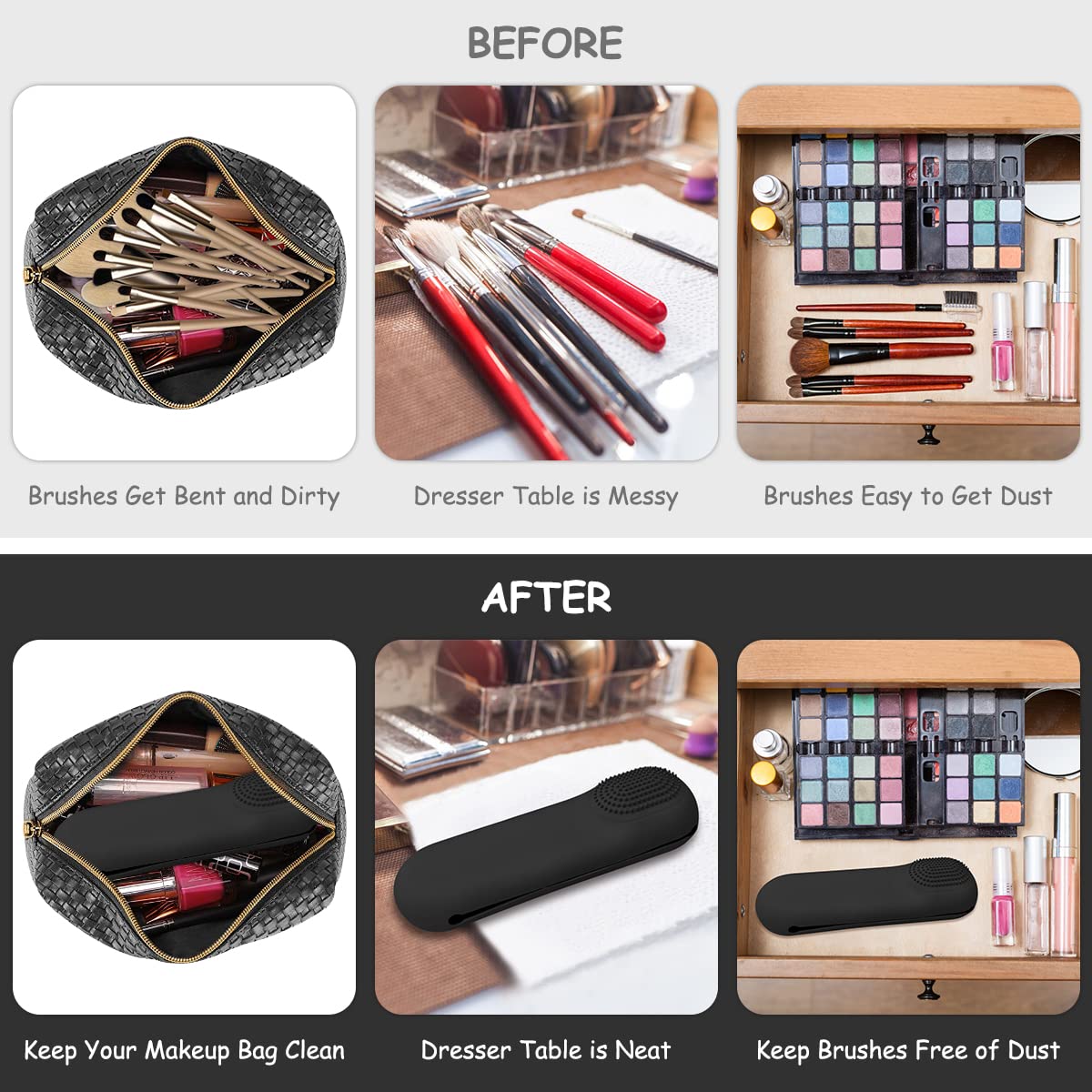 Xabzhzn Silicone Makeup Brush Holder Case, Full Sized & Larger Brushes Fit, Cosmetic Brush Holder Organizer, Silicon Make Up Brush Container for Travel, Daily Use, Black (Makeup Brushes Not Included)