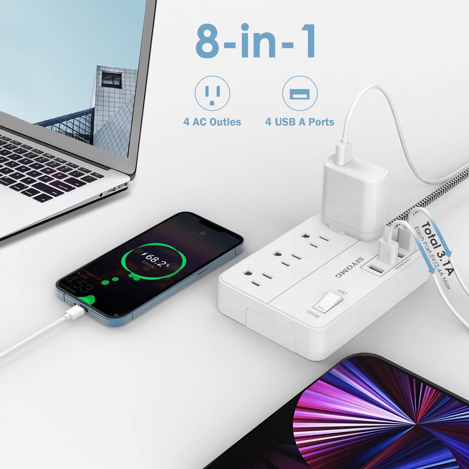 SIYOMG Power Strip, 5 FT Braided Extension Cord with Flat Plug, 4 Widely AC Outlets and 4 USB Ports, Charging Station for Dorm Home Office Travel, White
