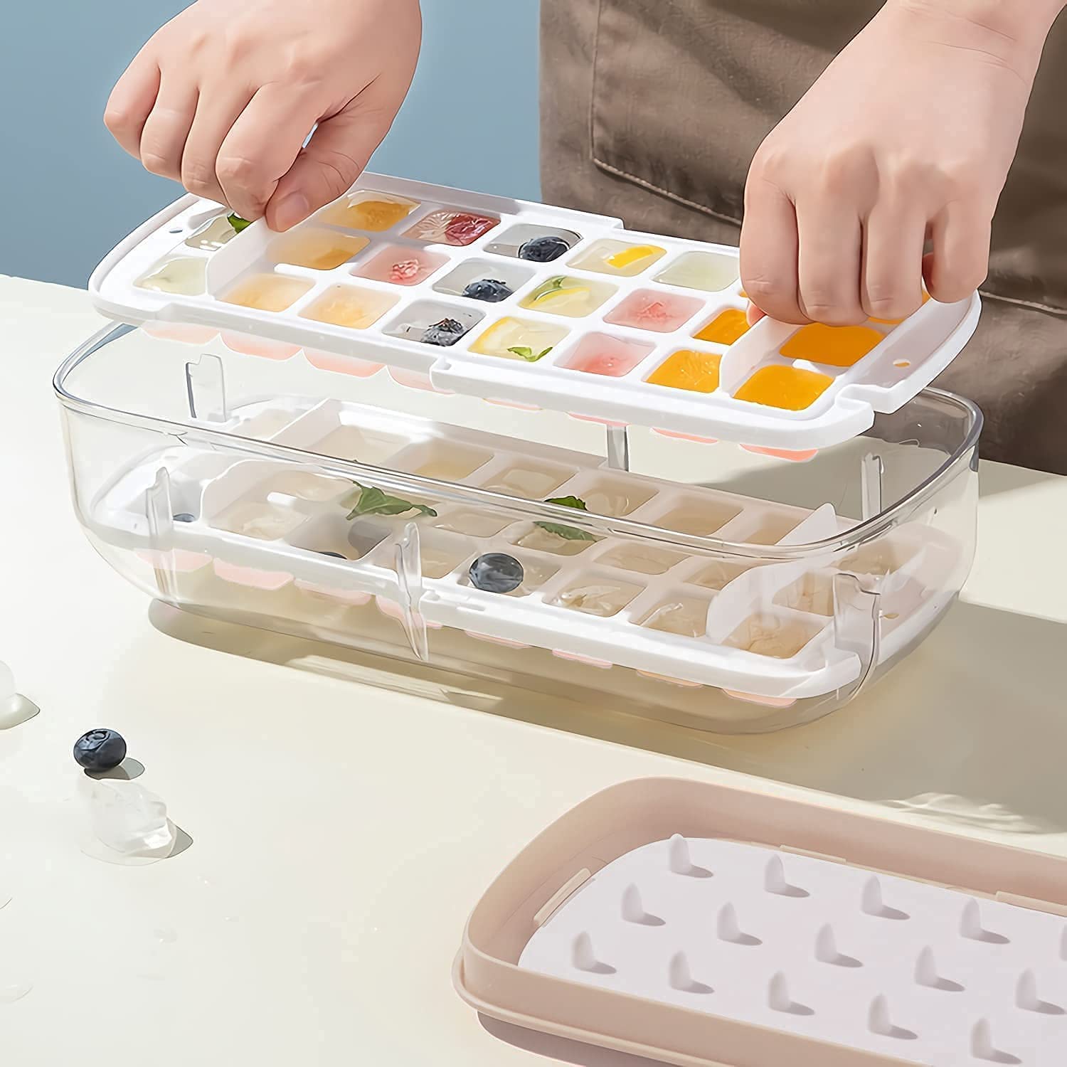 LittleStar Ice Tray with Lid and Bin-Updated Press Plate Easy Release Ice Cubes Double Layers Ice Makers For 48pcs Ice Cubes BPA Free (Pink)