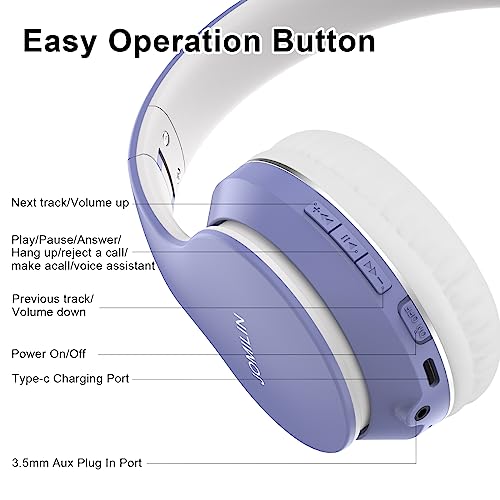 JOMILIN B9 Wireless Headphones Over-Ear, 60 Hours Playtime Lightweight Folding Hi-fi Stereo Bass Bluetooth Headset with Mic, Volume Control Headphones for iPad/Travel/Tablet/PC (Purple)